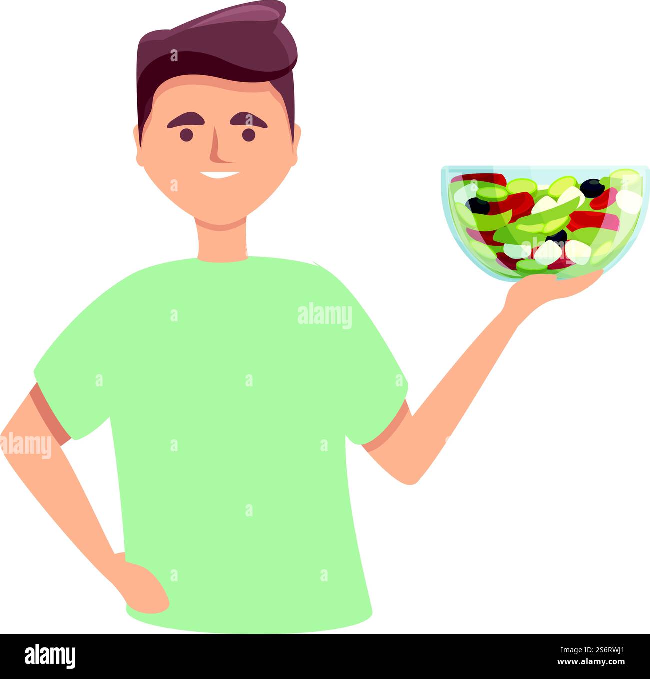 Man with salad icon cartoon vector. Vegetable diet. Healthy bowl. Man ...