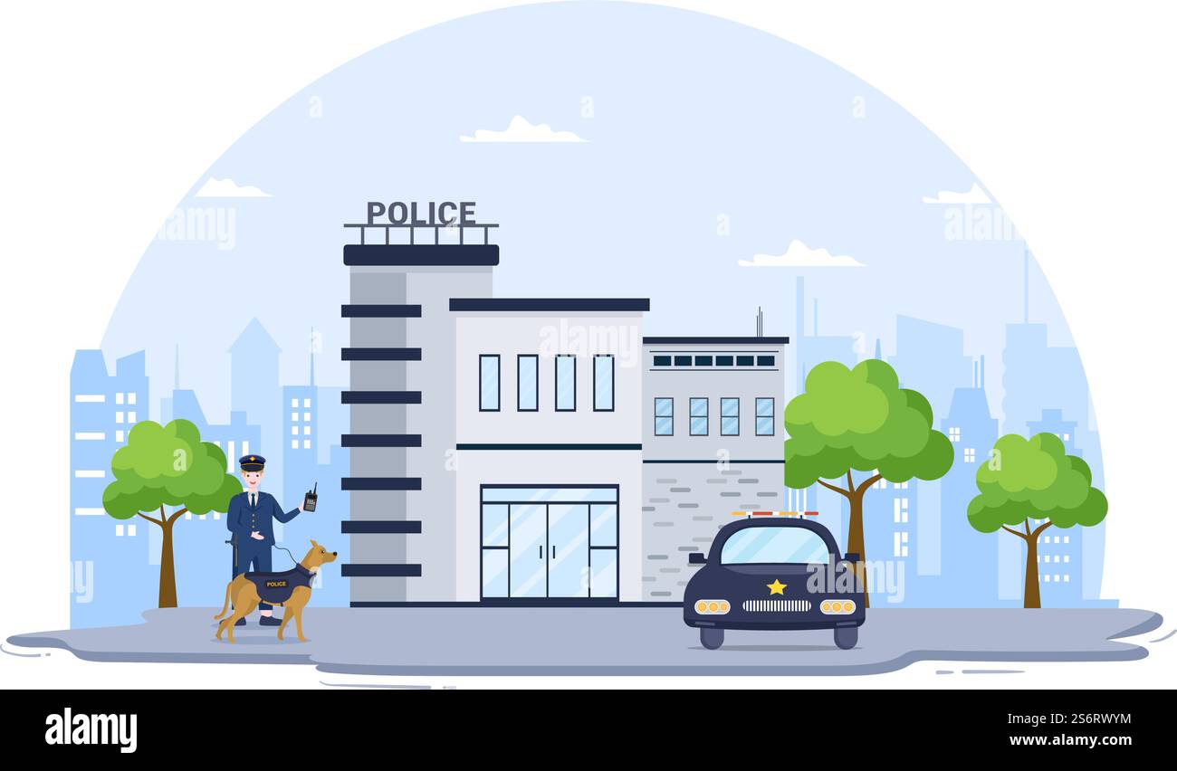 Police Station Department Building with Policeman and Police Car in ...