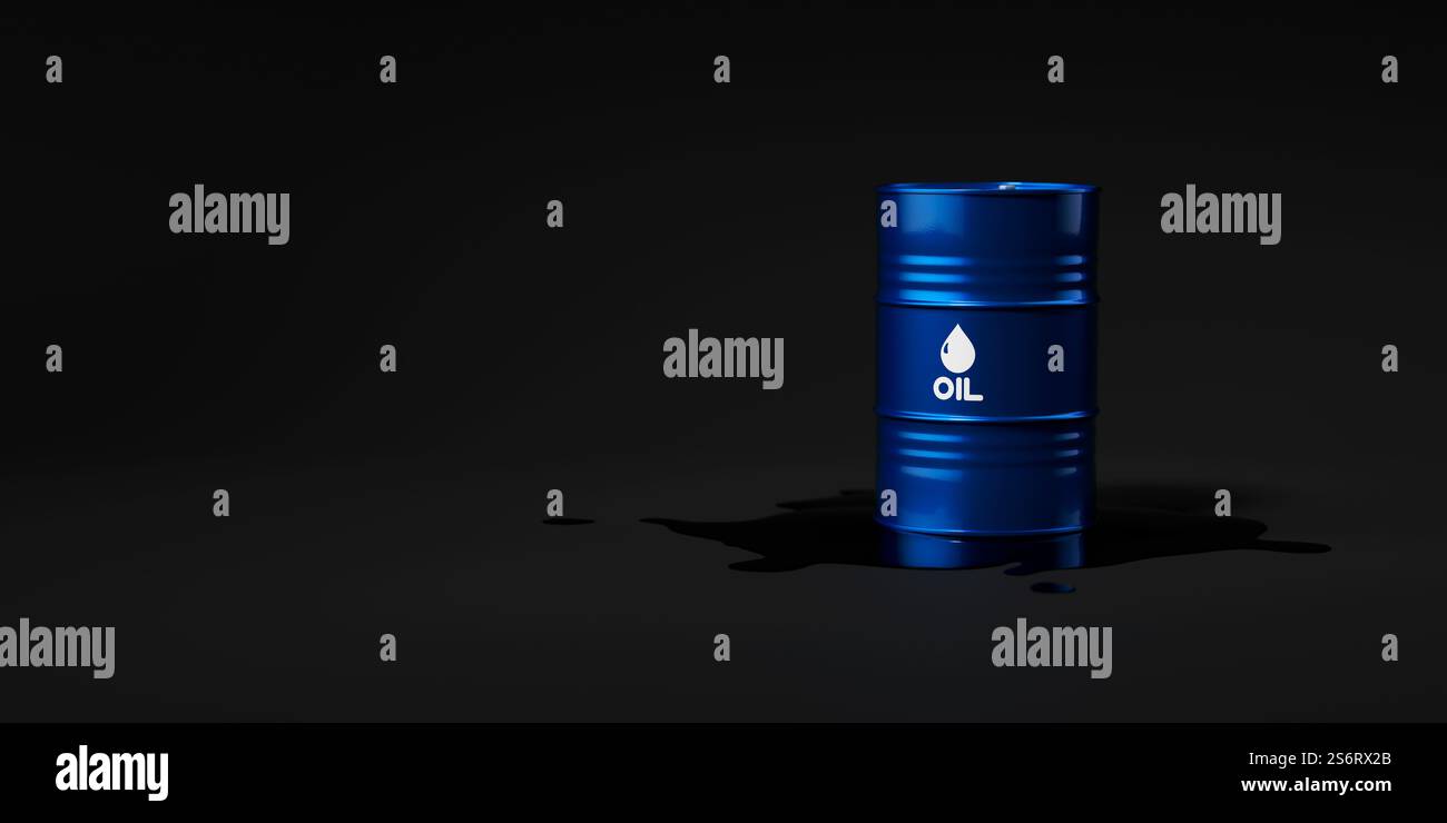 Single blue metal oil barrel stand on spilled puddle of crude oil on ...
