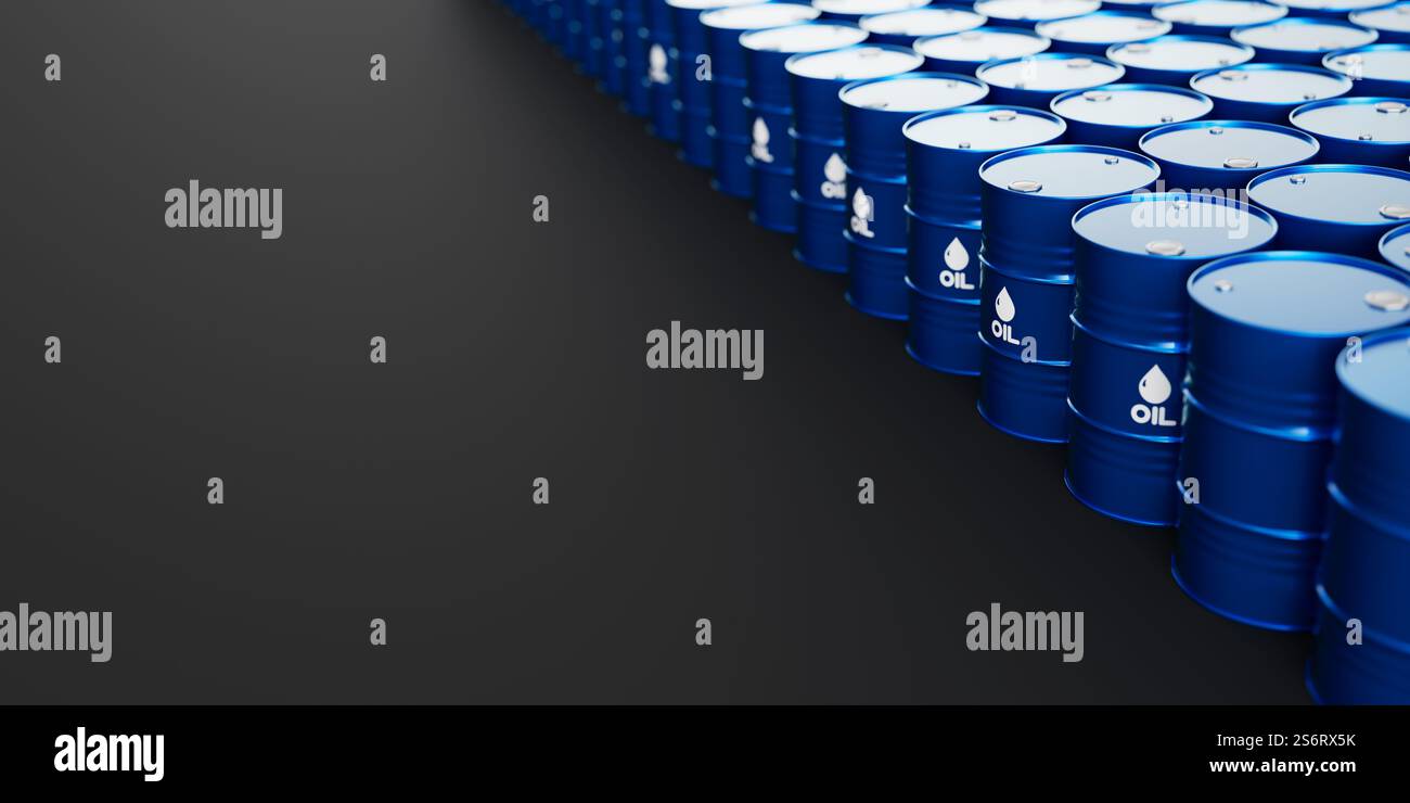 Stacked rows of blue metal oil barrels on black background with place ...