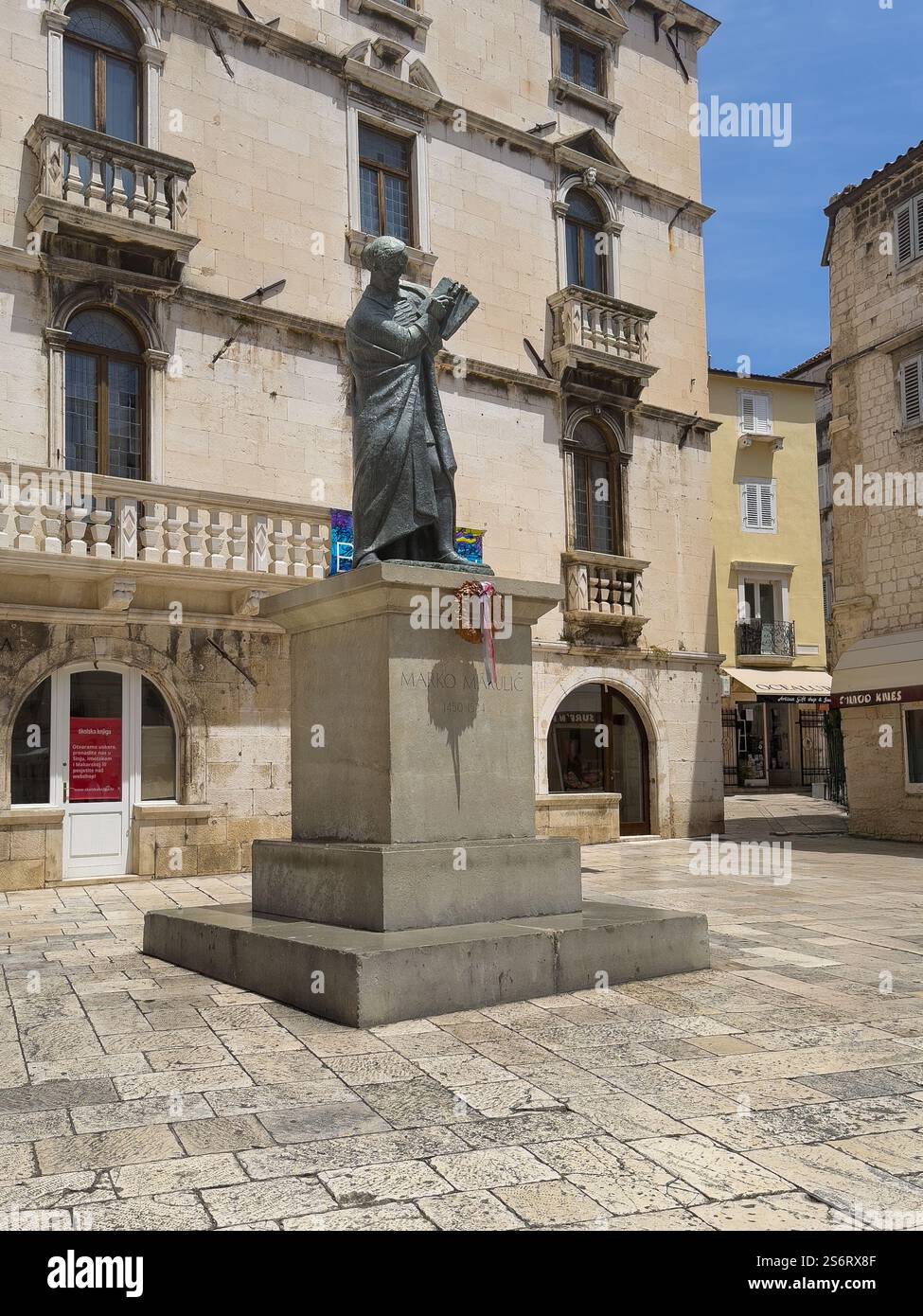 Split, Croatia - July 1, 2024: Historic downtown. Marko Marulic ...