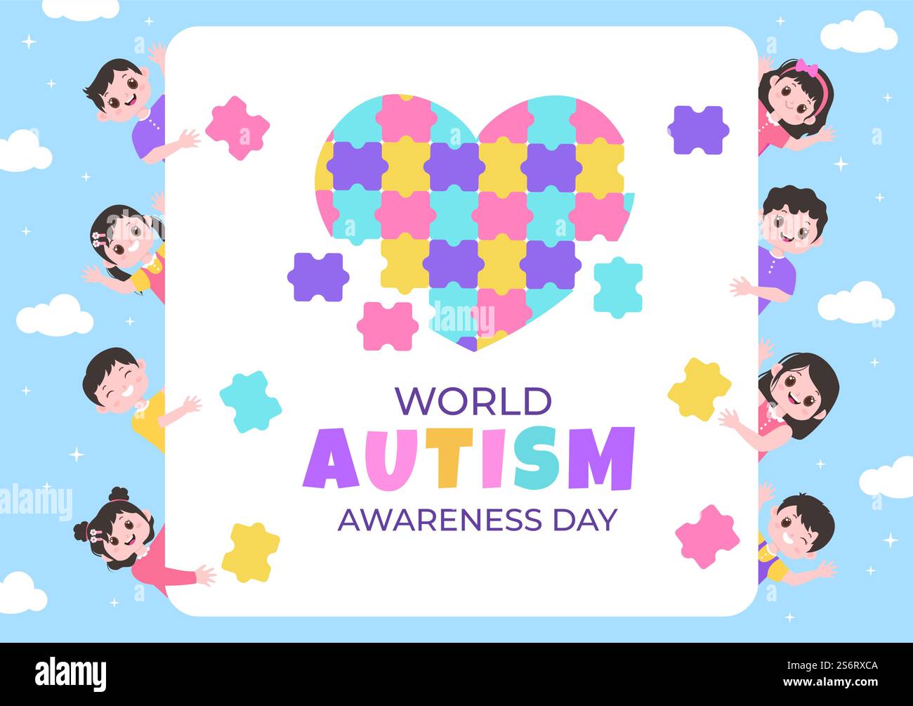 World Autism Awareness Day with Cute Character Kids and Hand of Puzzle ...