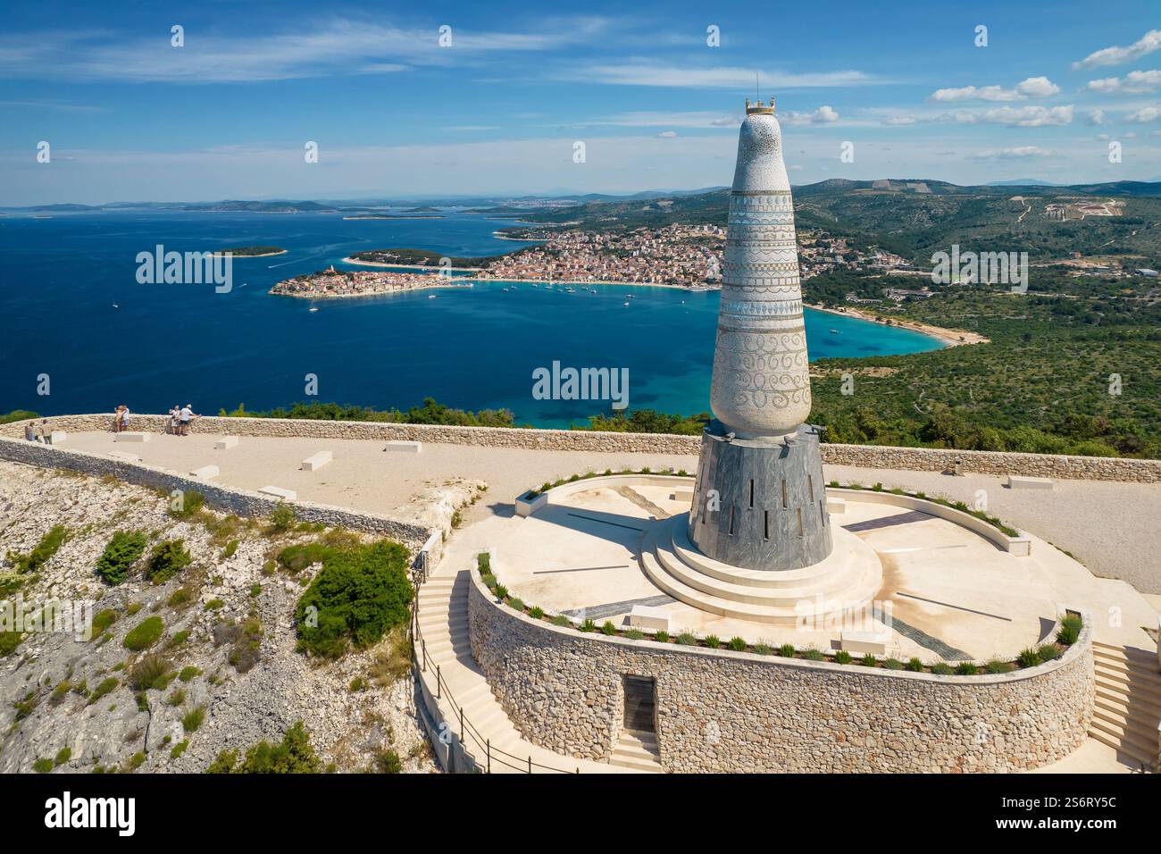 Aerial view of the Our Lady Of Loreto Statue with a view on Primosten ...