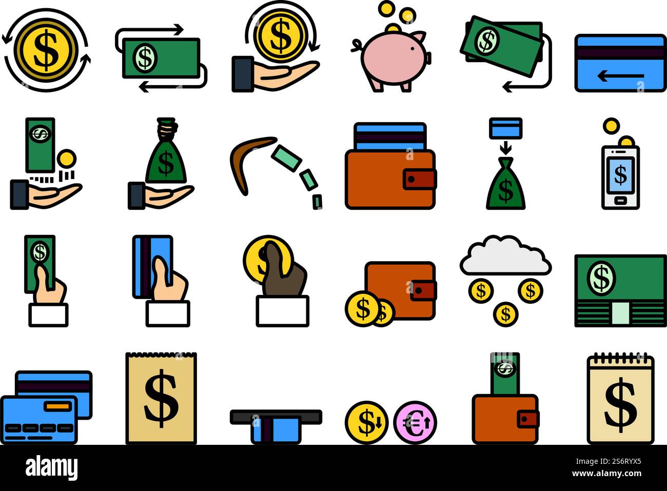 Money Icon Set. Editable Bold Outline With Color Fill Design. Vector ...
