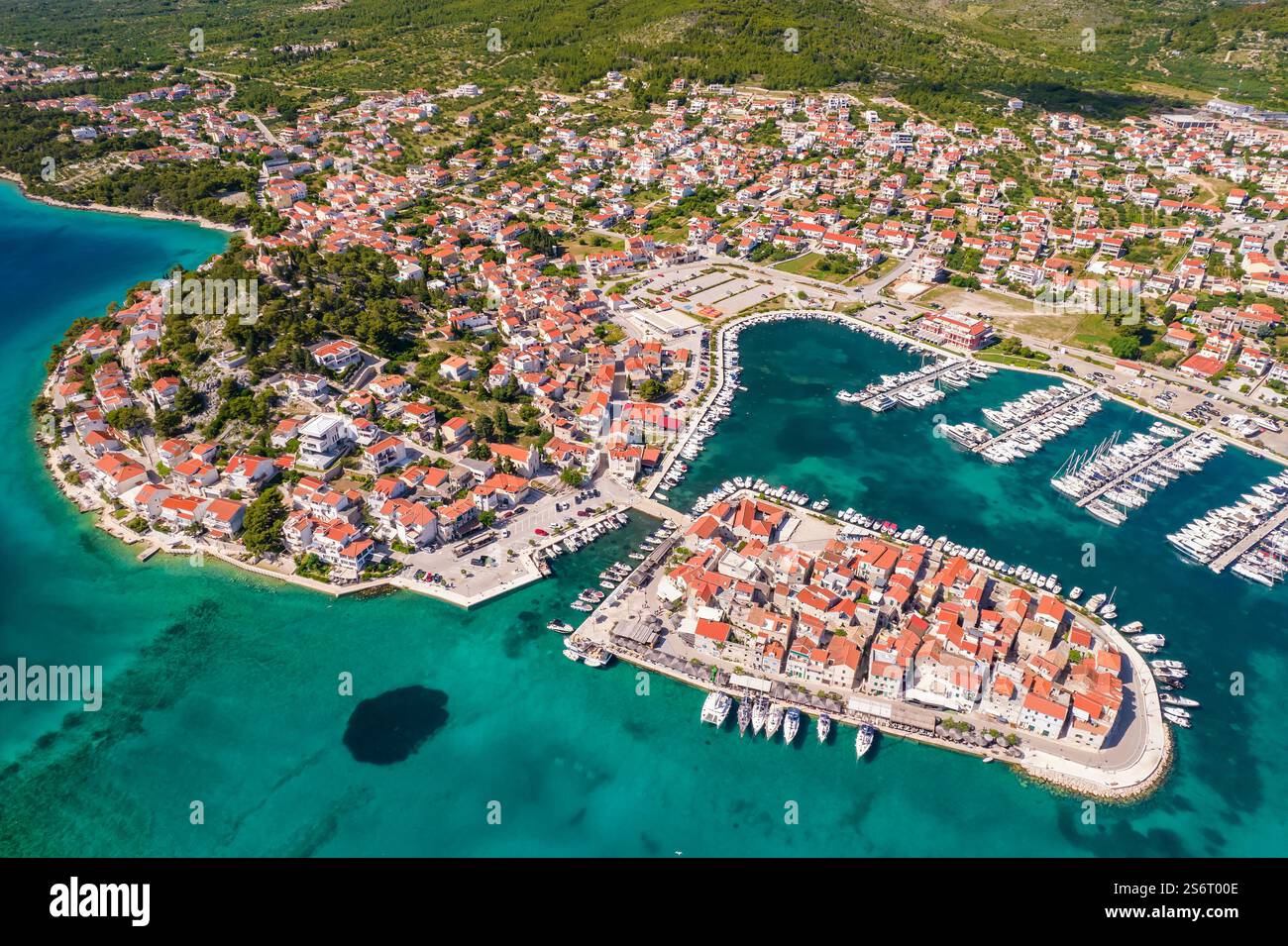 Aerial view of the old town of Tribunj on small island in Adriatic sea ...