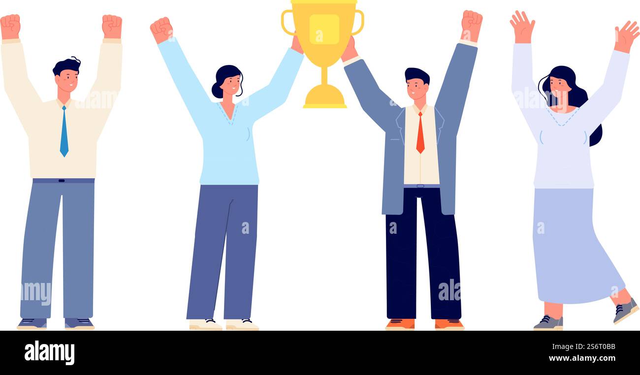 Office team winner. Young business winners, happy woman hold trophy ...