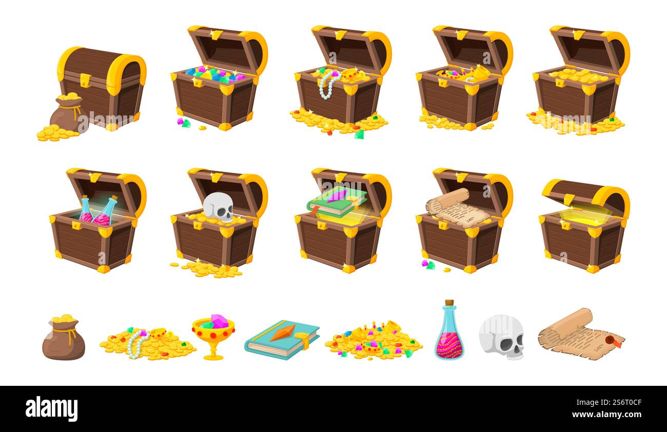 Cartoon treasure gaming elements. Treasures game, wooden chest and ui ...