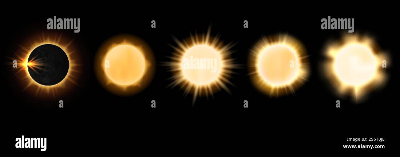 Realistic sun. Shine suns, different intense sunlights and eclipse ...