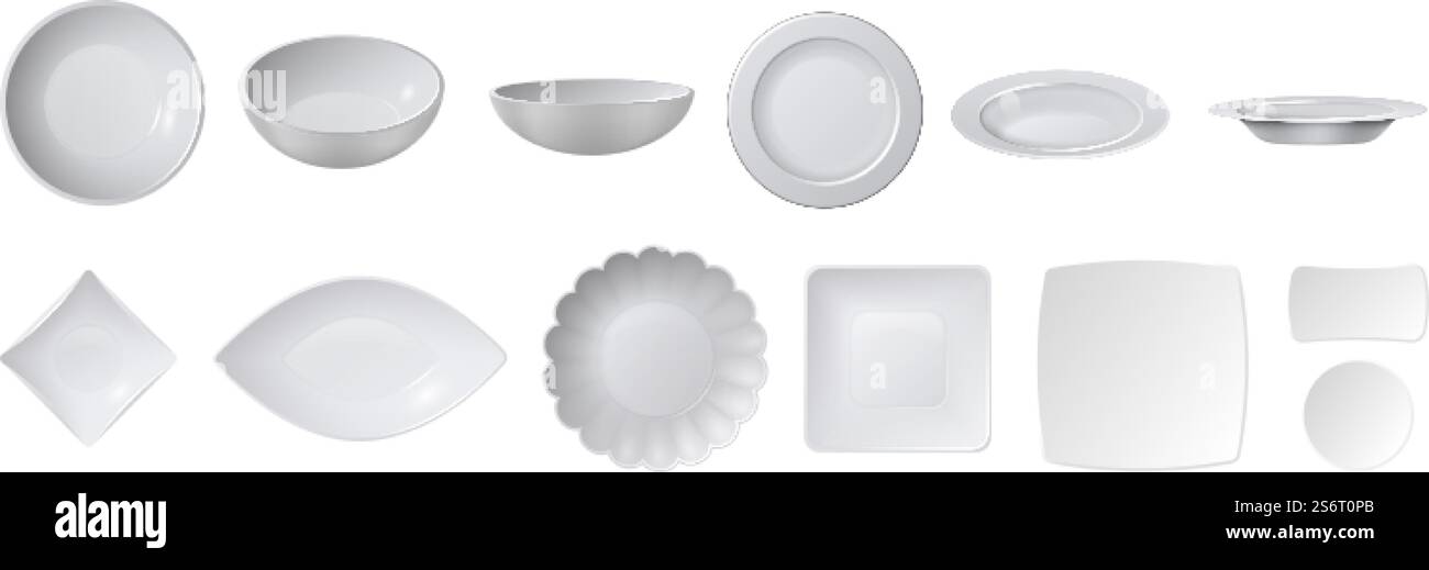 White realistic plates. Top view plate collection, isolated ceramic ...