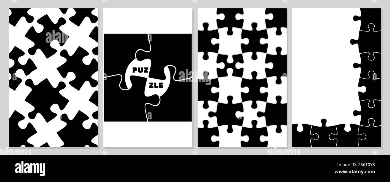 Business puzzle covers. Pieces puzzles, black white abstract banners ...