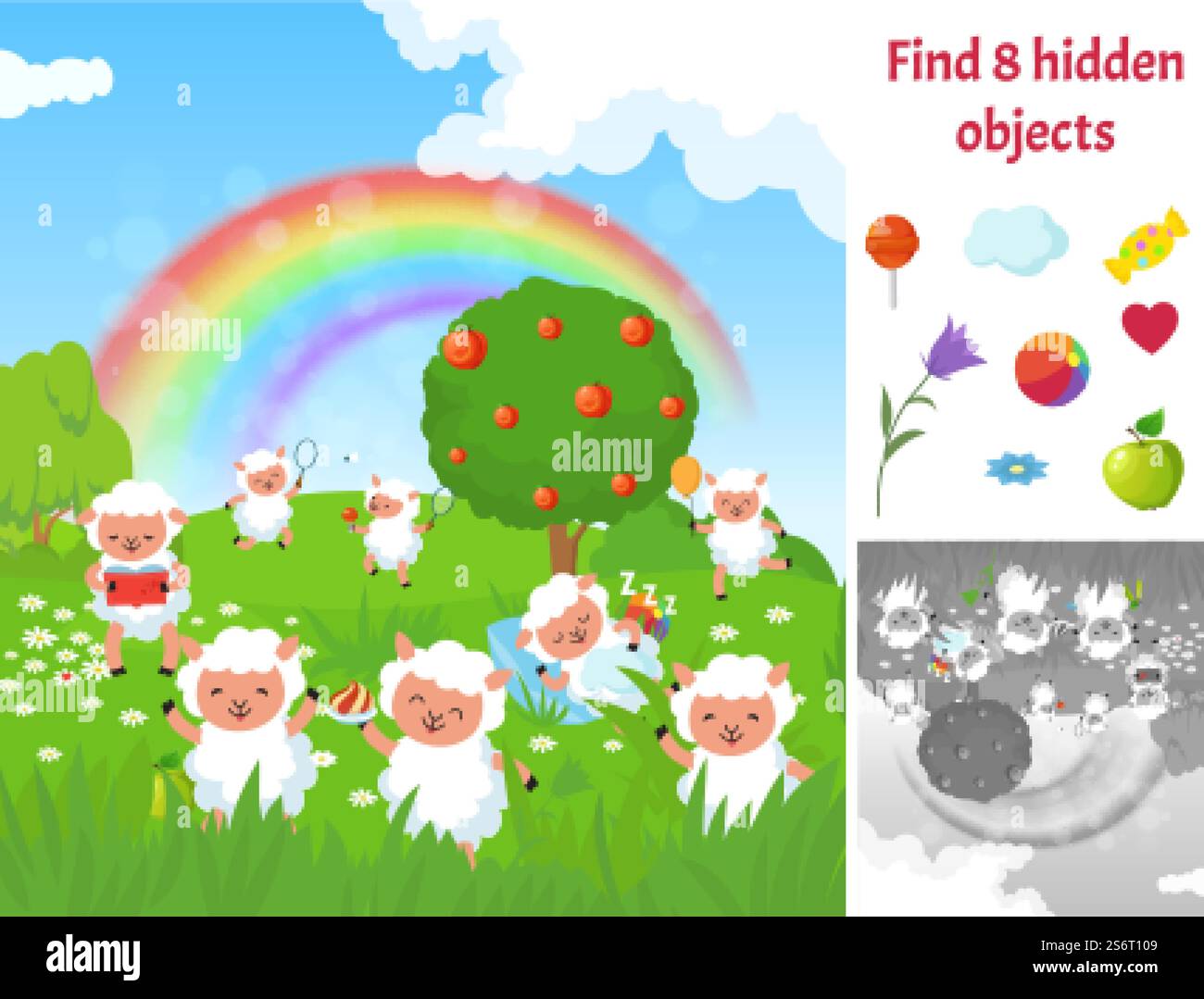 Find hidden objects. Kids puzzle game with sheep on meadow. Fun brain ...