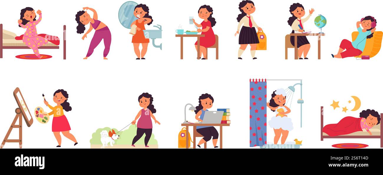 Girl daily routine. Happy personal hygiene, cartoon children take ...