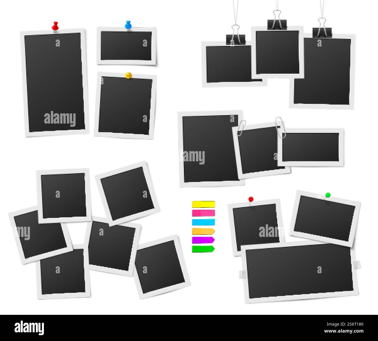 Frames and pins. Photos frame collage, sticker pins and tapes ...