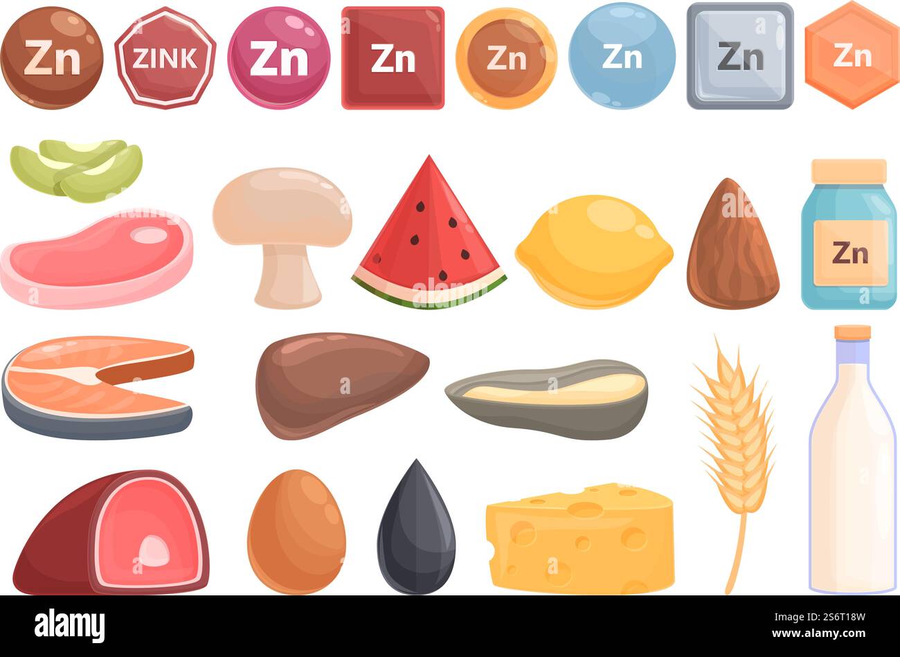Zinc icons set cartoon vector. Mineral suplement. Vitamin food. Zinc ...