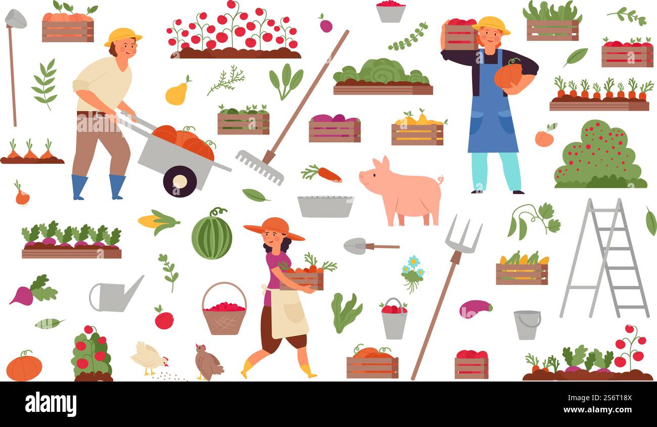 Cartoon agricultural and harvesting. Farmer crops, rustic agriculture ...