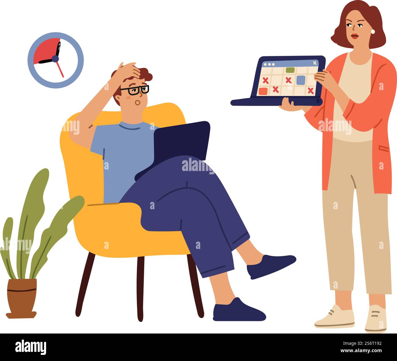 Work planning. Geek man, time manager with schedule on laptop screen ...