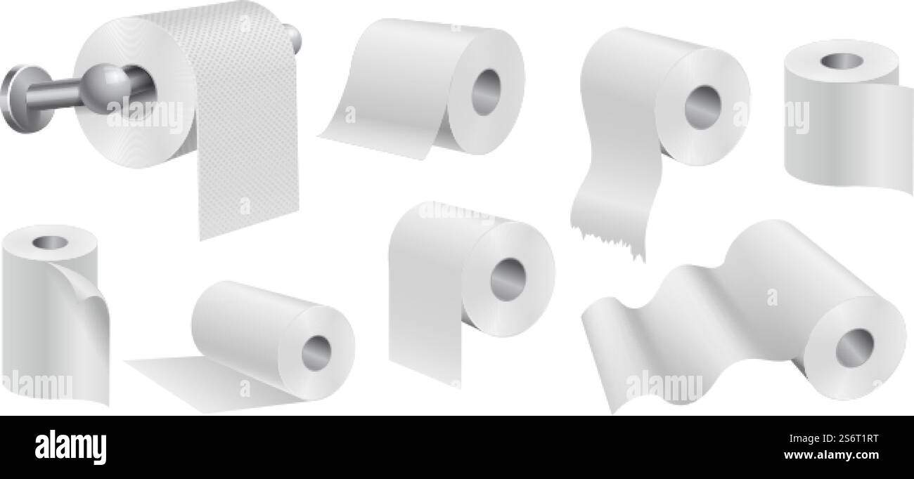 White toilet paper rolls. Realistic papers, isolated sanitary kitchen towels. Soft hygiene ...