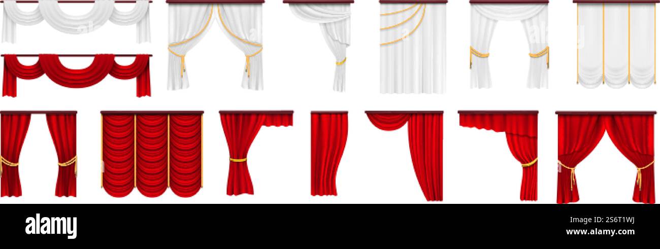 Curtains set. Red curtain, textile theater drape. Hanging fabric golden ...