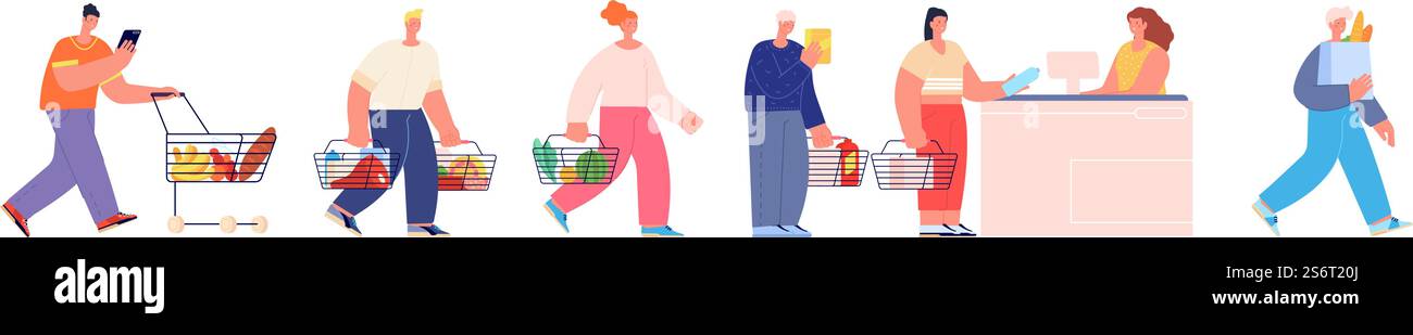 Queue to cashier. People waiting line, man buying food in supermarket ...