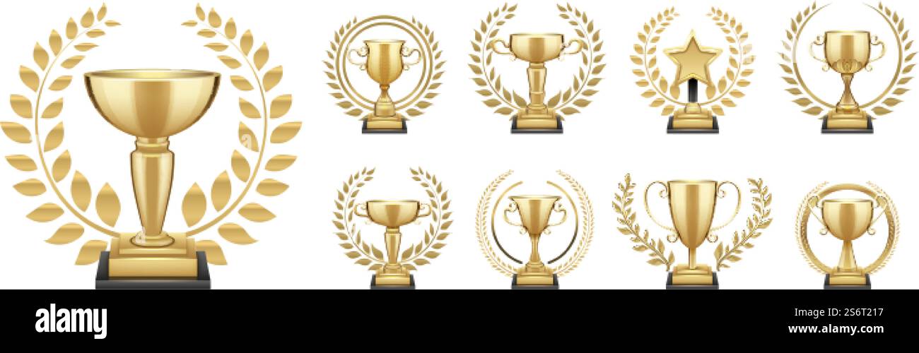 Golden trophy. Winner gold cup, realistic award with wreath. Sport ...