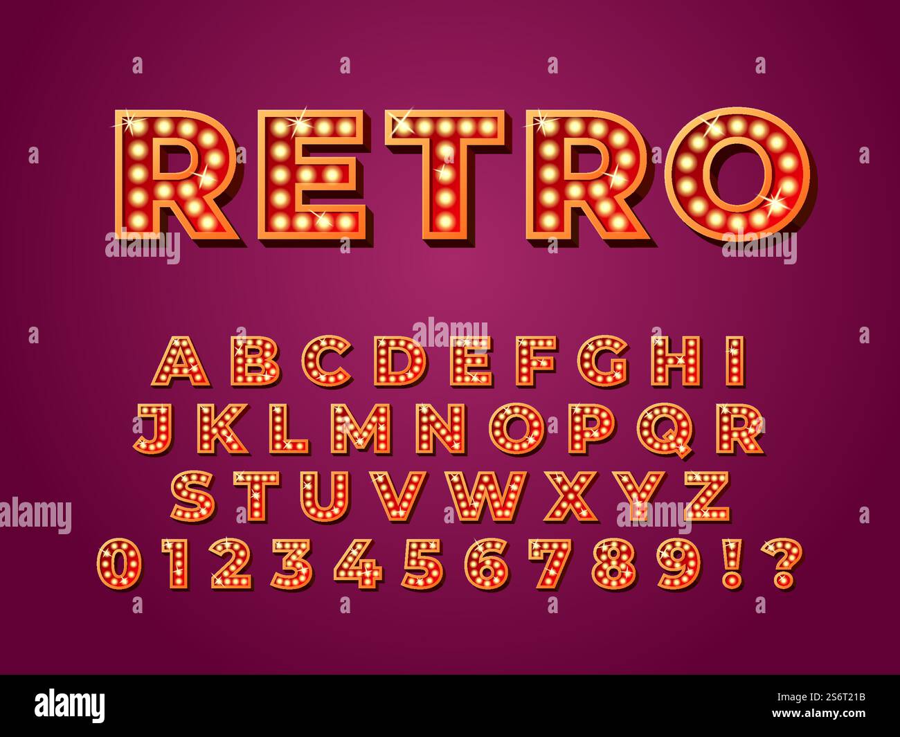 Light bulb font. Lamp text, retro bulbs abc letters for circus or night ...