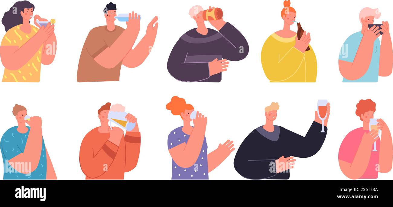People with drinks. Teens drink, friends holding juice water or wine ...