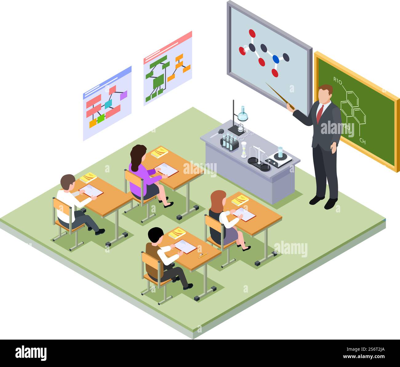 School lesson isometric. Teacher, children at desks at classroom ...