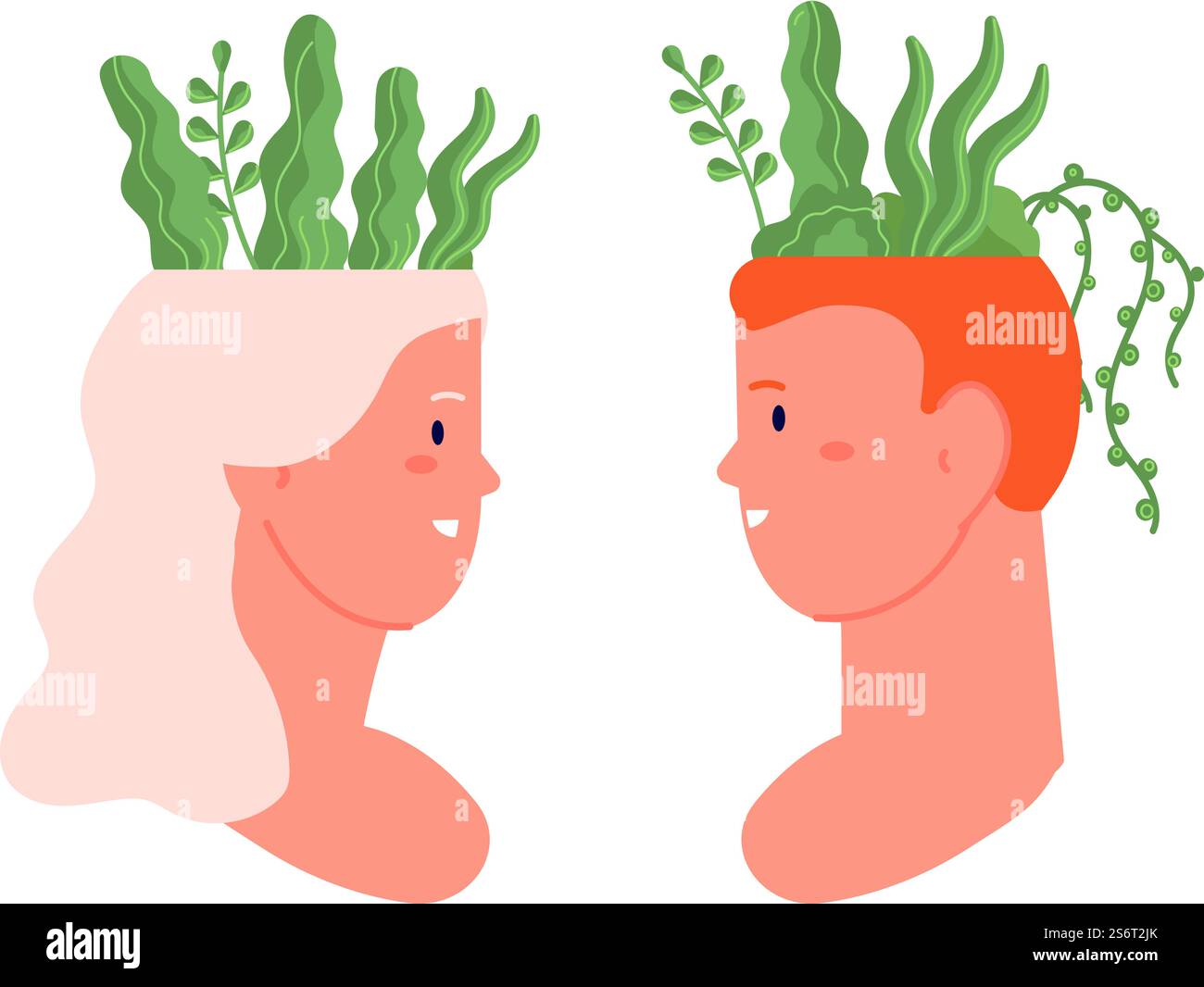 Mind health concept. Flower therapy, female male brain relax. Happy ...