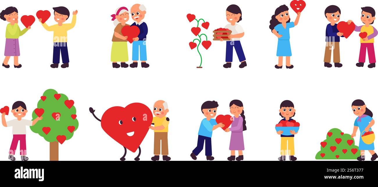 People sharing hearts. Giving heart, children adults with love symbols ...