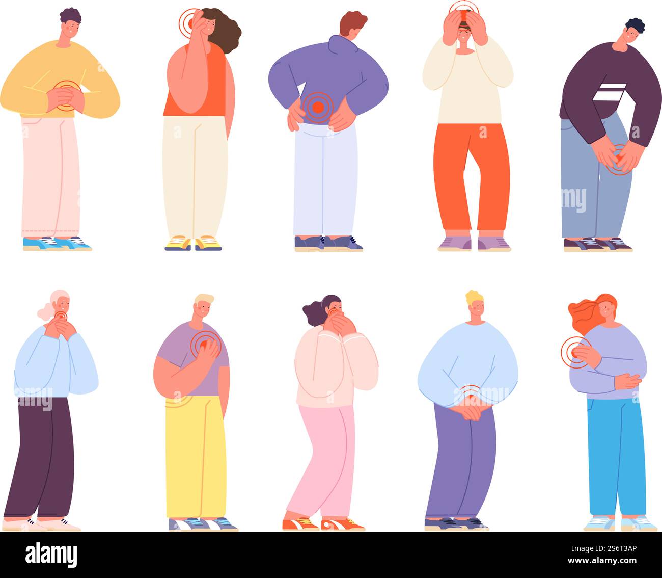 People with pain. Body pains characters, chaes neck or headache. Sick ...