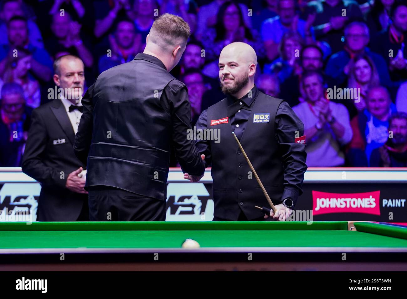 London, UK. 17th Jan, 2025. Kyren Wilson and Luca Brecel shaking hands ...