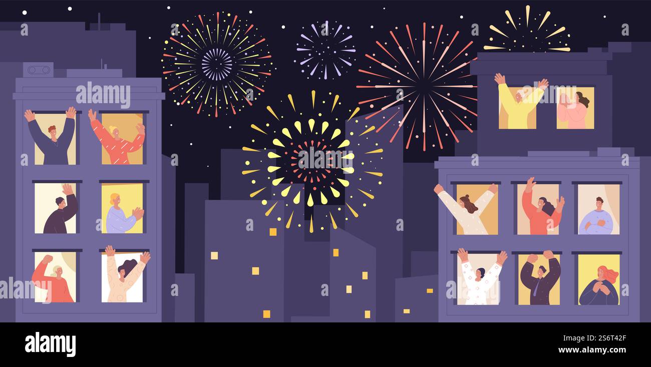 Party celebration from home. Holiday city night, people standing in ...