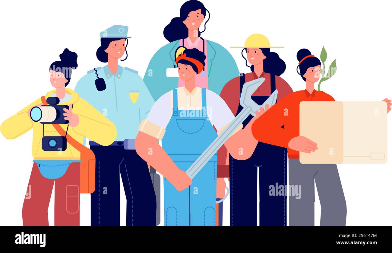 Female occupations. Women professional group, doctor, police, delivery ...