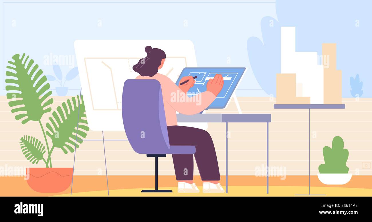 Female architect. Woman working house, professional urban technical project. Engineering and ...