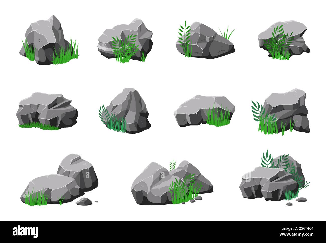 Stones in grass. Cartoon natural mountain stone, granite design with ...