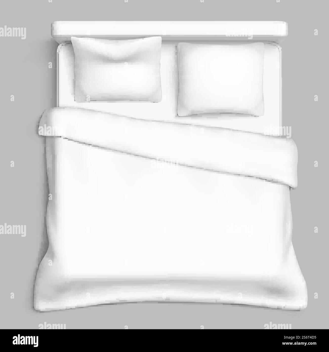 Bed top view white. blanket. pillow. interior mattress. hotel duvet 3d ...