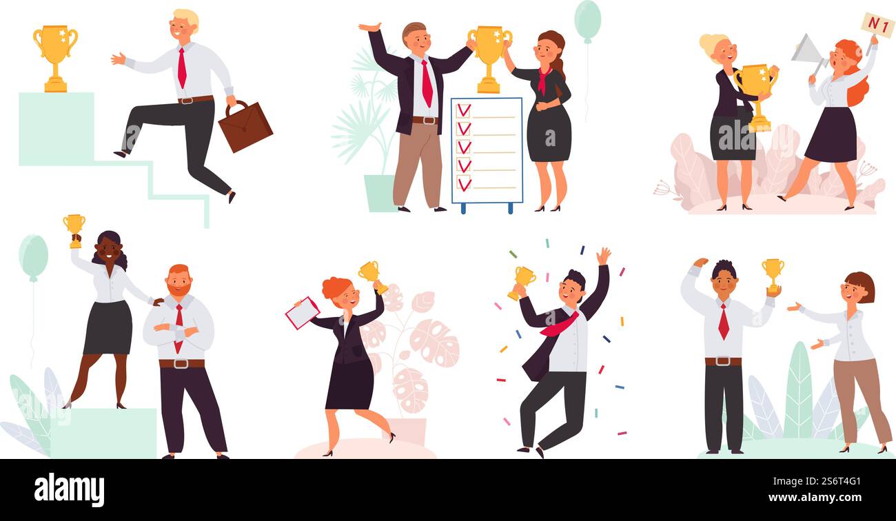 Business winner success characters. Best employees, office person stand ...