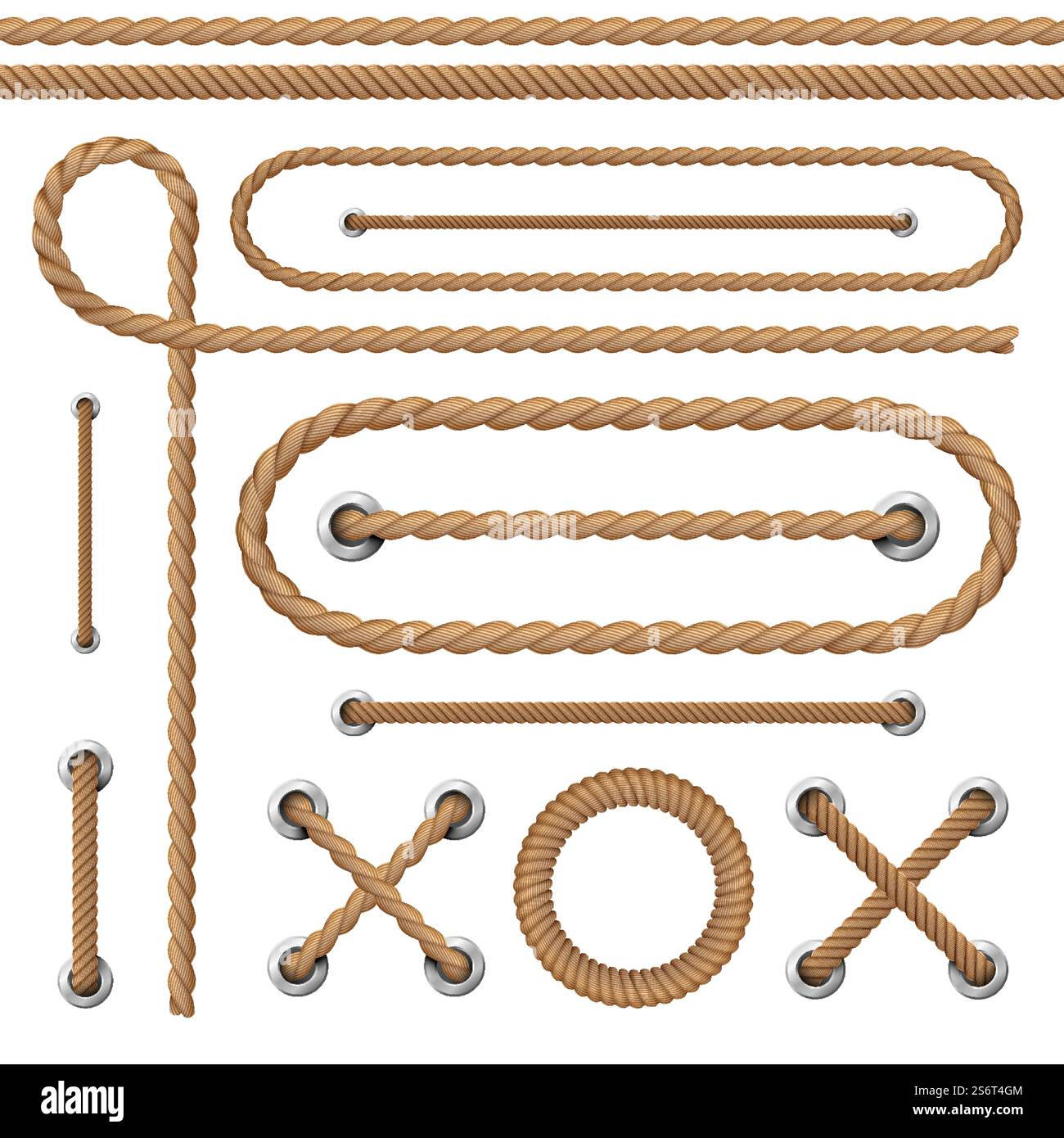 Realistic nautical ropes. Brown intertwine rope, sea straight string ...