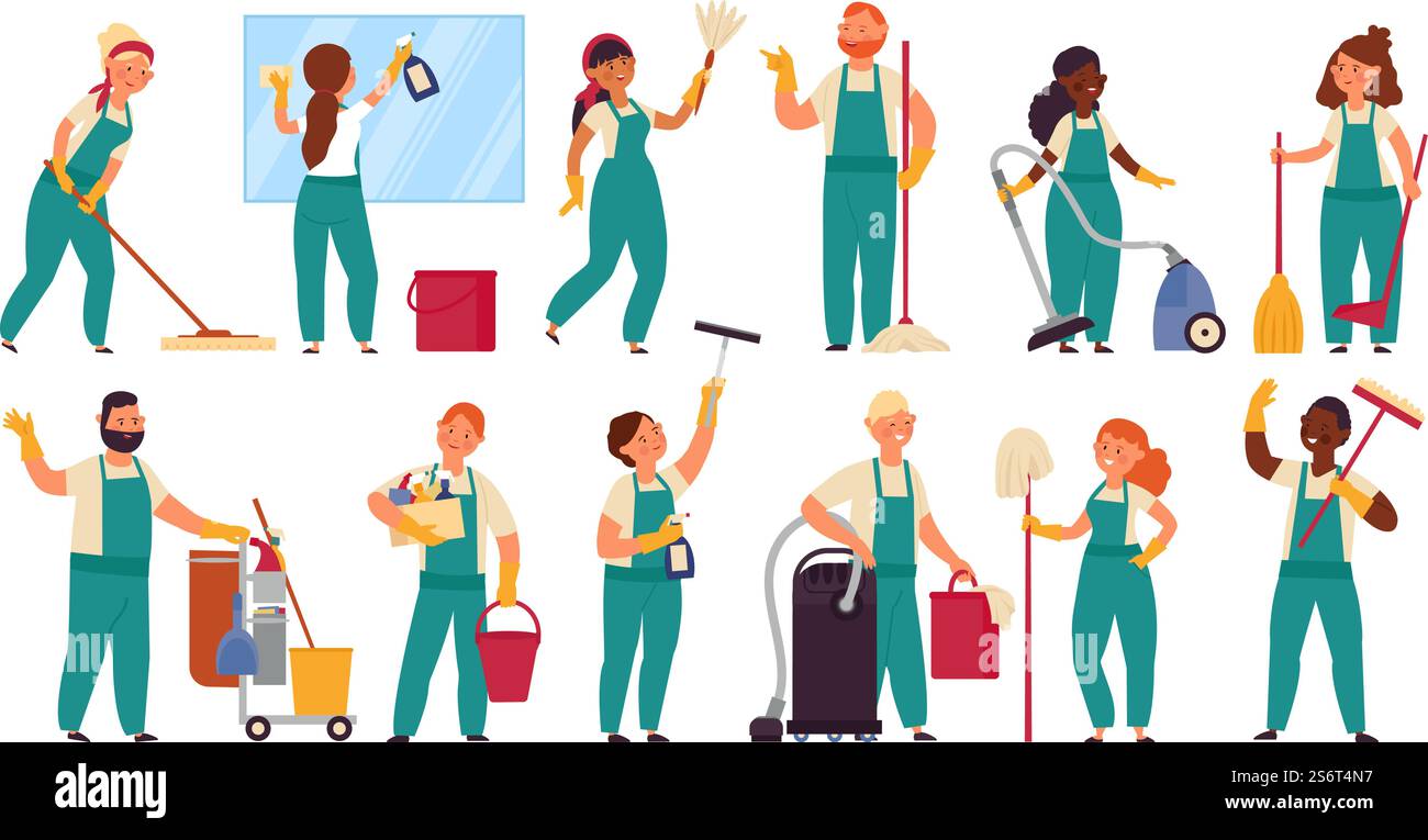Cleaning service characters. Person uniform, cleaner employee with ...