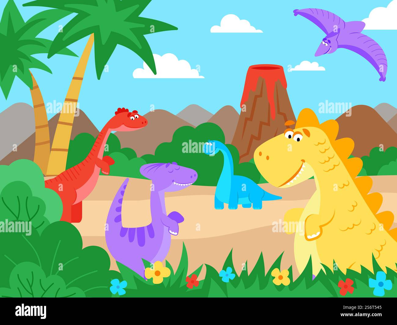 Prehistoric landscape. Cartoon dinosaur nature walk, jurassic cute ...