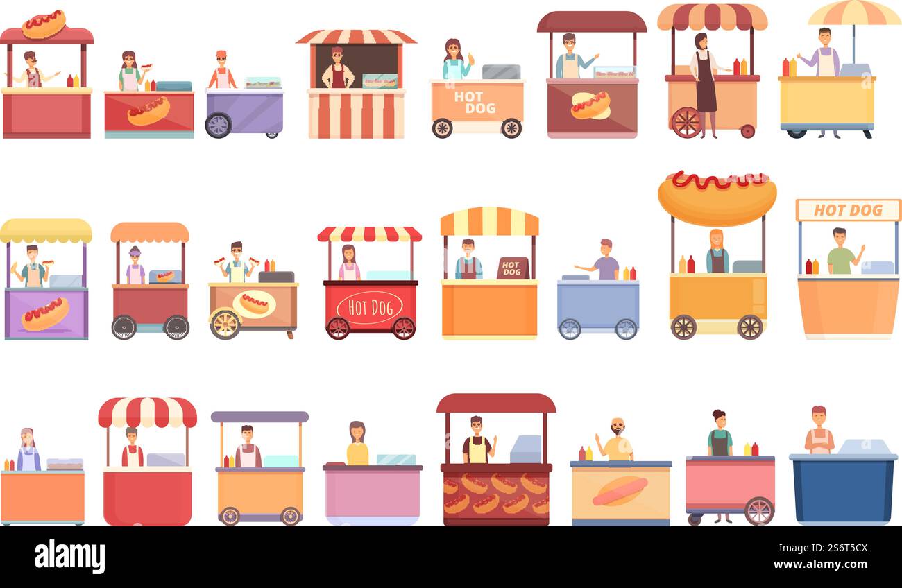 Hot dog seller icons set cartoon vector. Kiosk stand. Seller american ...