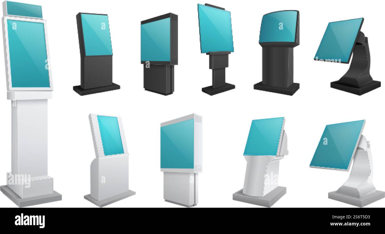 Realistic kiosk screen. Display mockup, touch digital stands. Payments ...