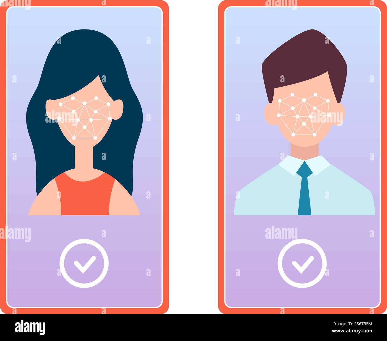 Face recognition. Smartphone accepted information, man woman faces on ...