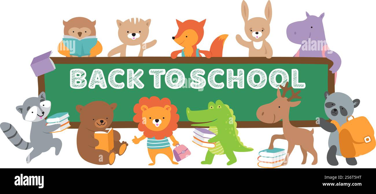 Back to school animal banner. Animals with books and backpacks near ...