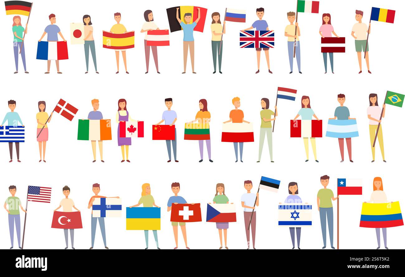 Kid with flag icons set cartoon vector. Learn children. English school ...