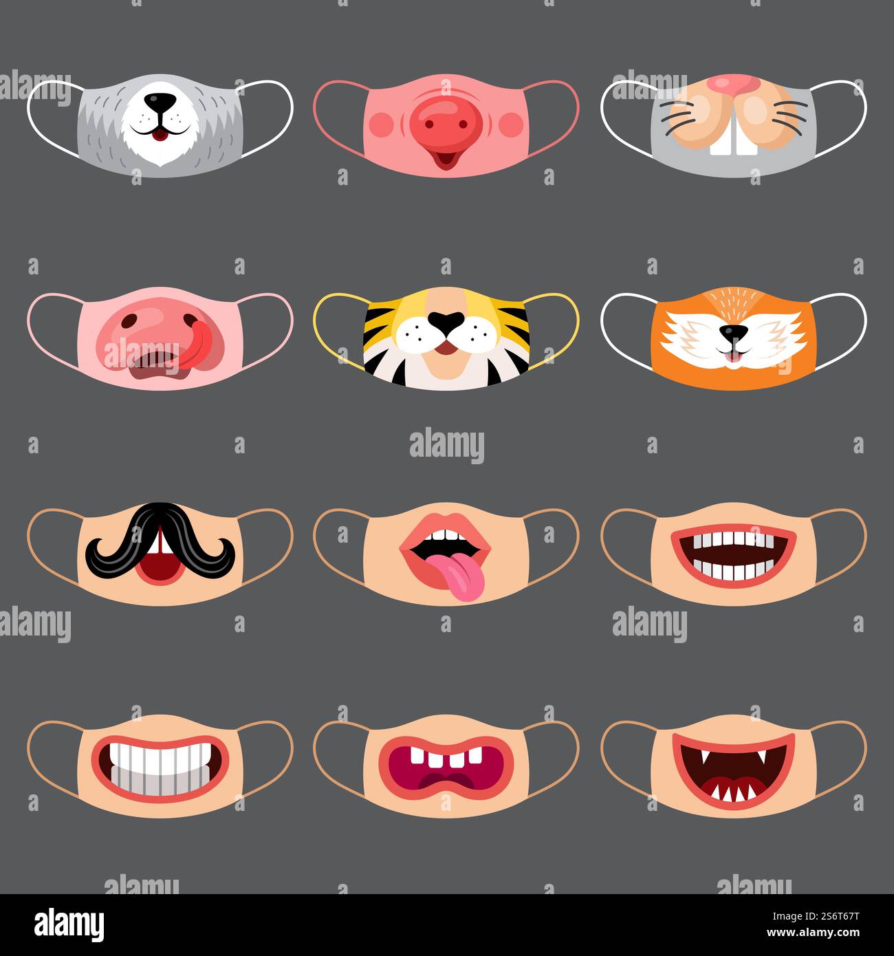 Cute face mask. Funny smile different animals and kids mouth print ...