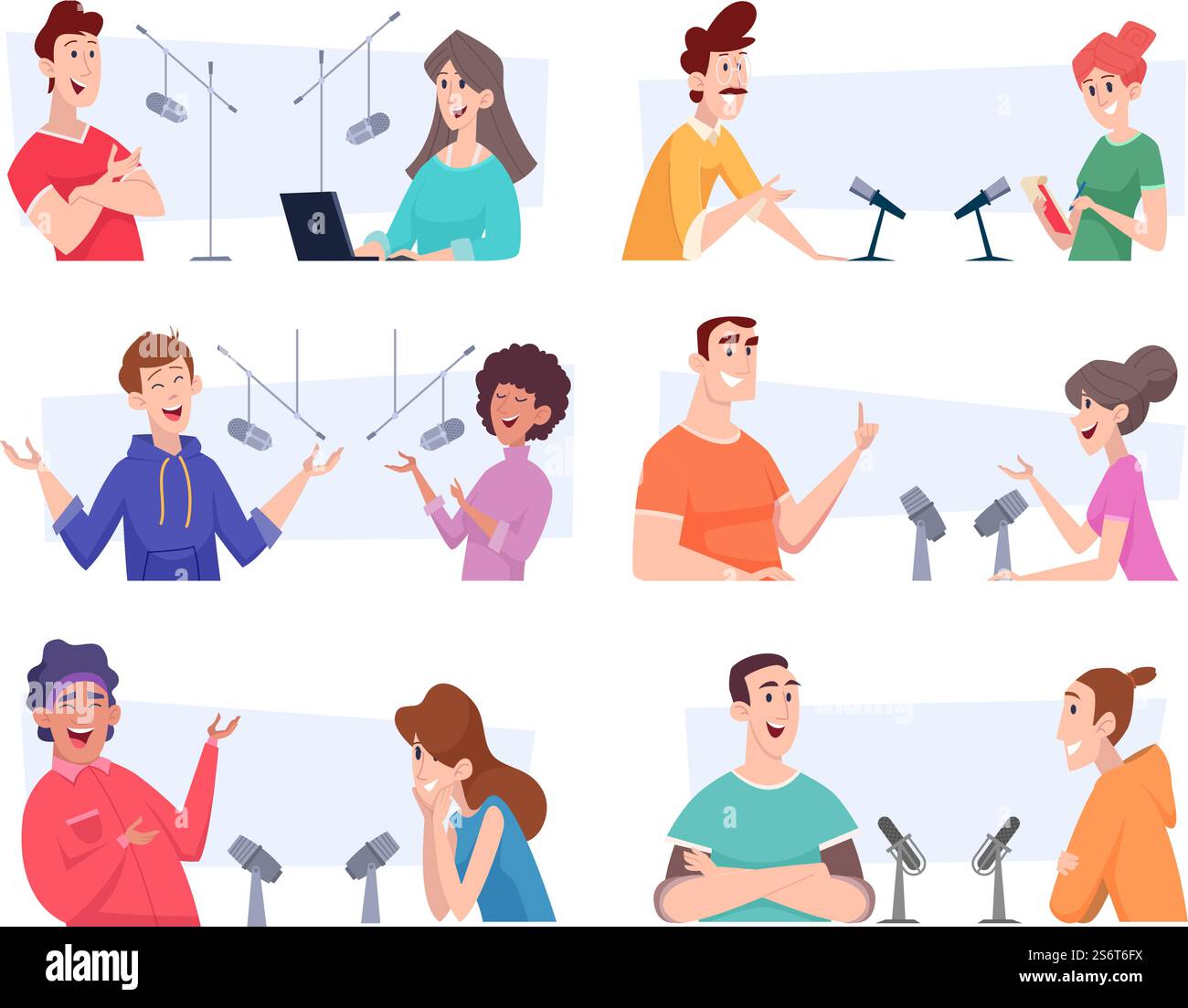 Broadcast dialogue. Radio studio people talking microphones audio ...