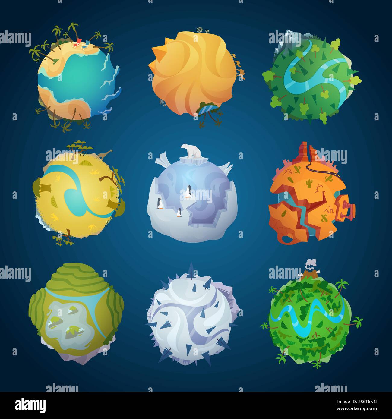 Cartoon earth. Round planets surfaces cold and hot climatic zones with ...