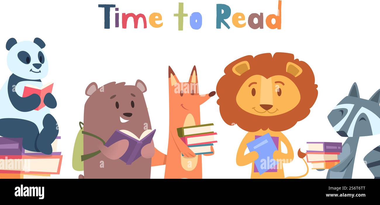 Reading animals. Wild animal with books, lion fox bear panda read ...