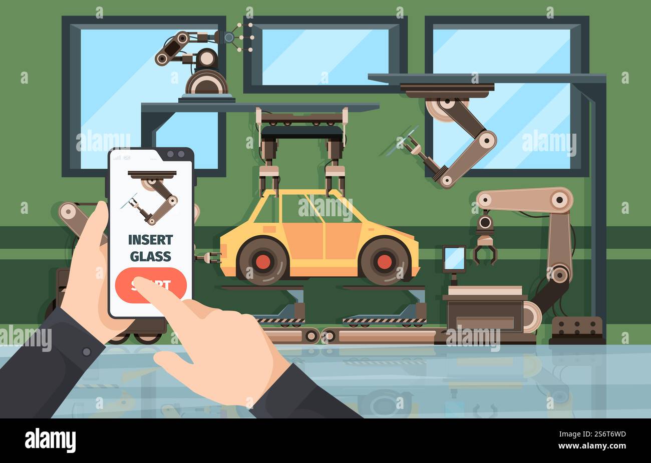 Smartphone control conveyor. Hands holding telephone worker with ...